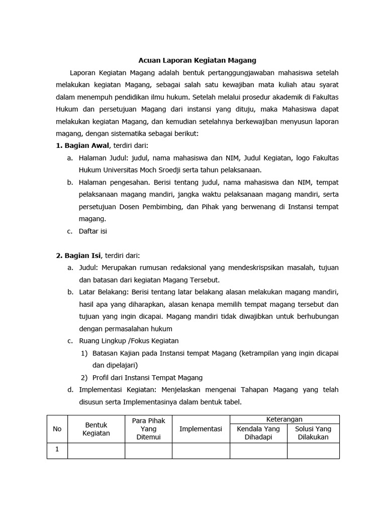 Acuan Laporan Kegiatan Magang | PDF