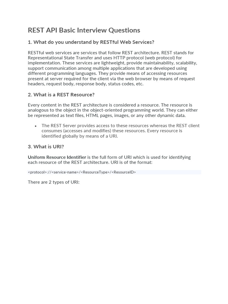 REST API Basic Interview Questions | PDF | Ajax (Programming) | Web Service REST API Basic Interview Questions | PDF | Ajax (Programming) | Web Service