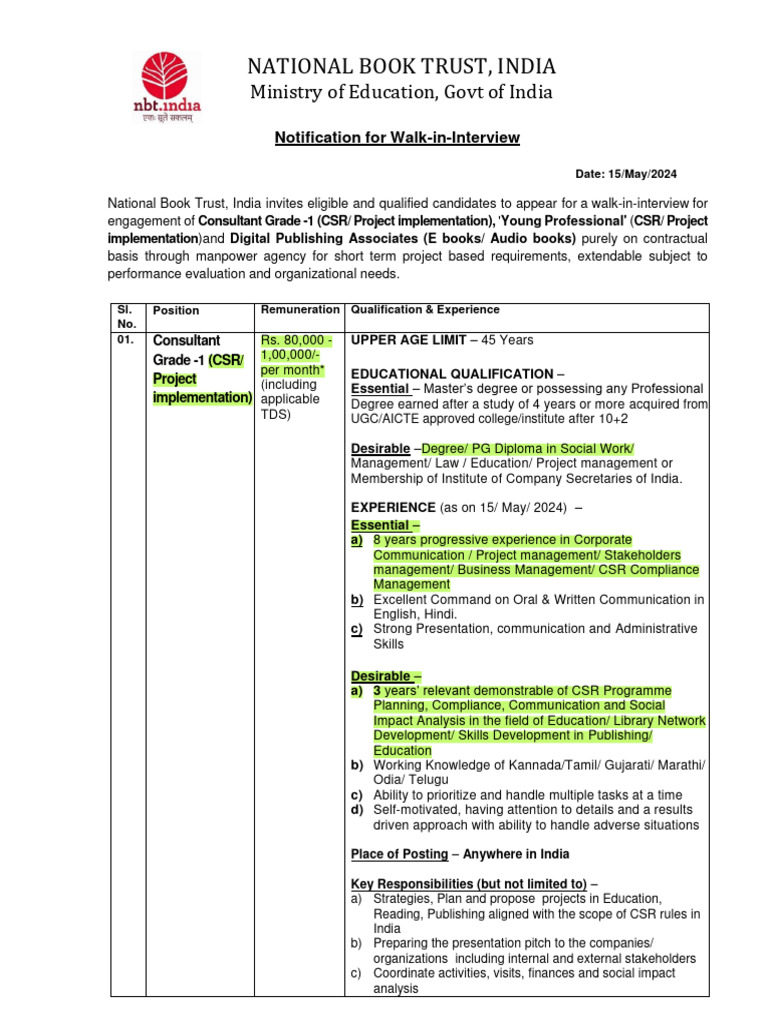Walk-in-Interview Delhi On 20.05.2024 For CSR Job at NBT | PDF | Corporate Social Responsibility
