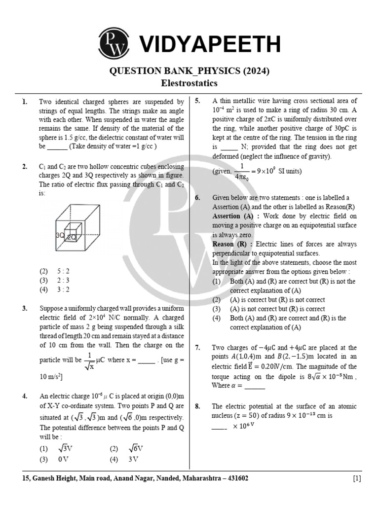 JEE MAINS 2024 Physics Question Bank | PDF | Electric Field ...