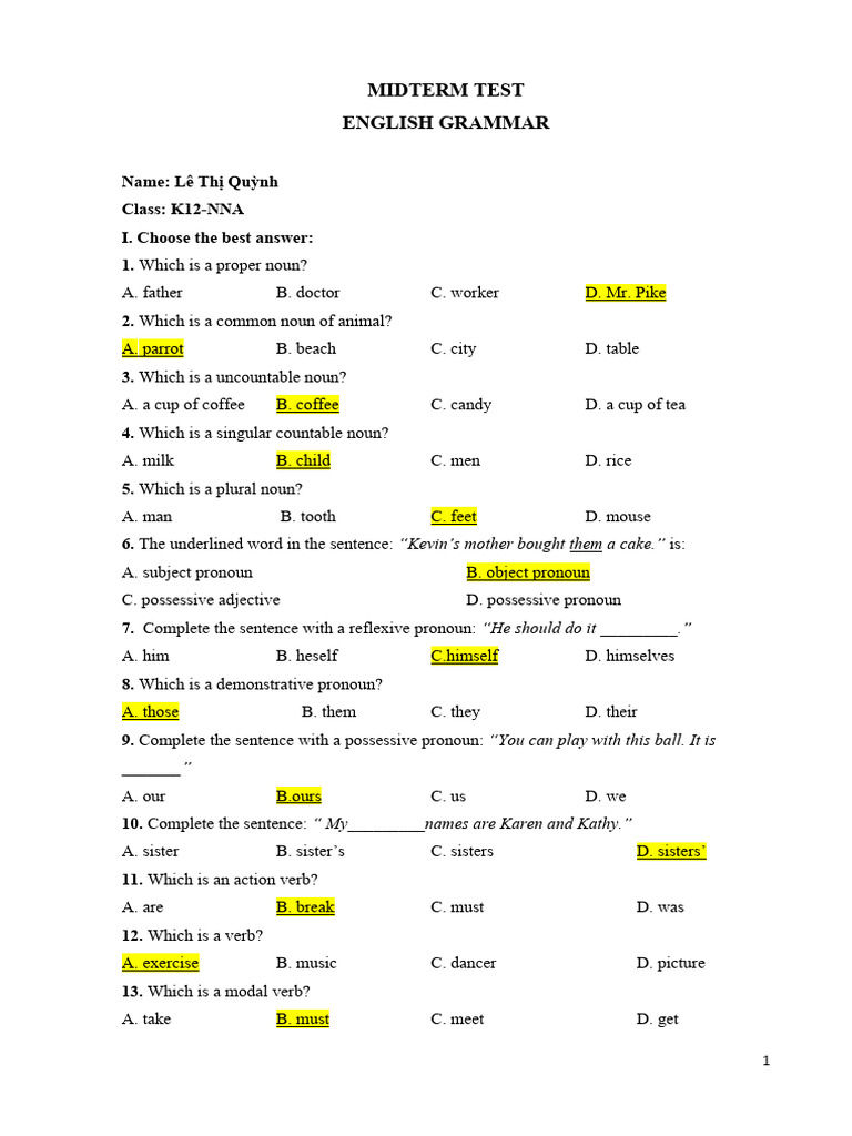 English Grammar Midterm Test | PDF | English Grammar | Verb