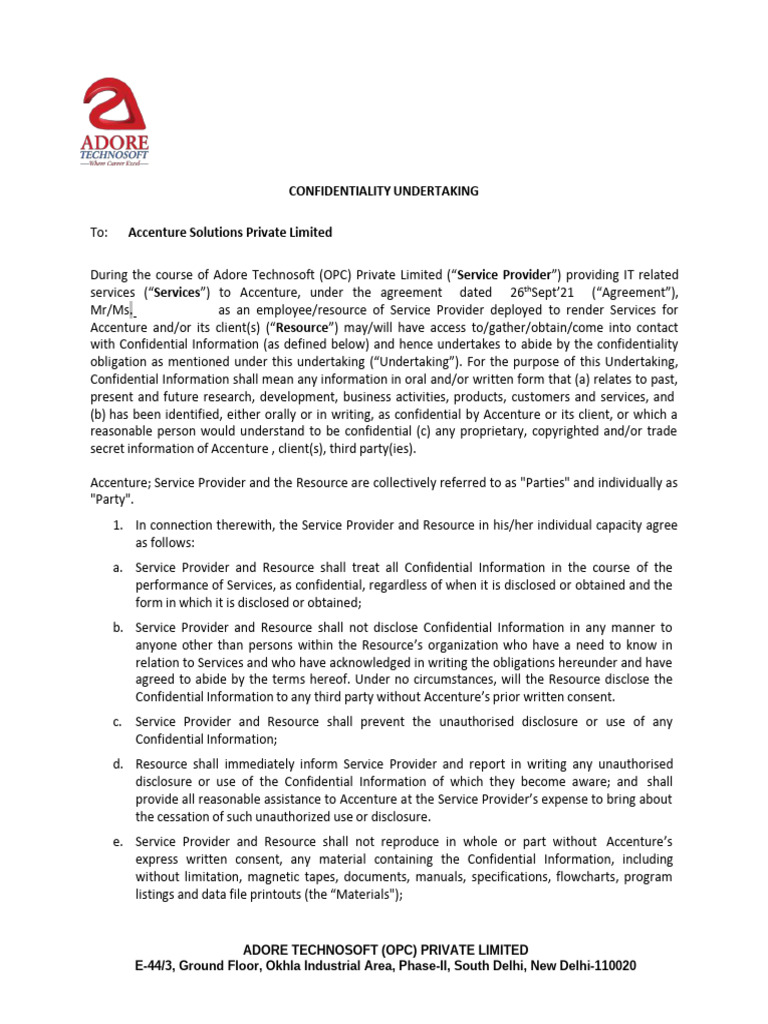 Confidentiality Undertaking | PDF | Confidentiality | Injunction