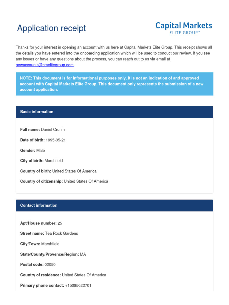 Capital Markets Account Application Receipt | PDF