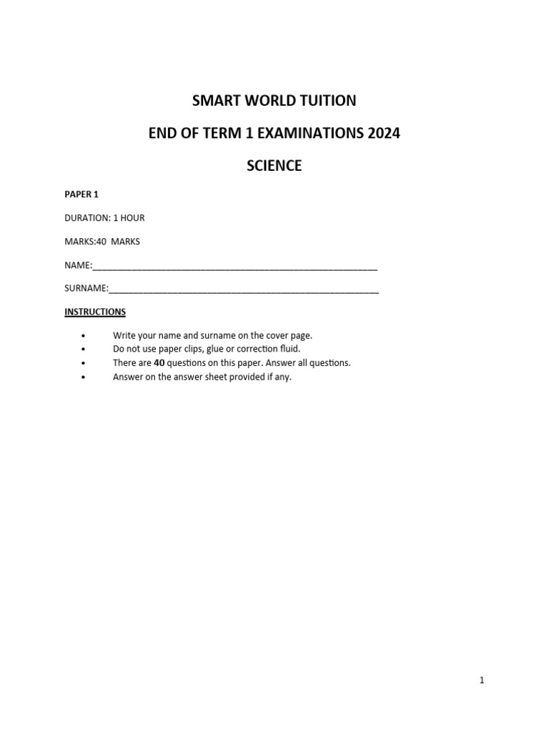 Science Exam Paper 1 - Term 1 2024 | PDF | Photosynthesis | Proton