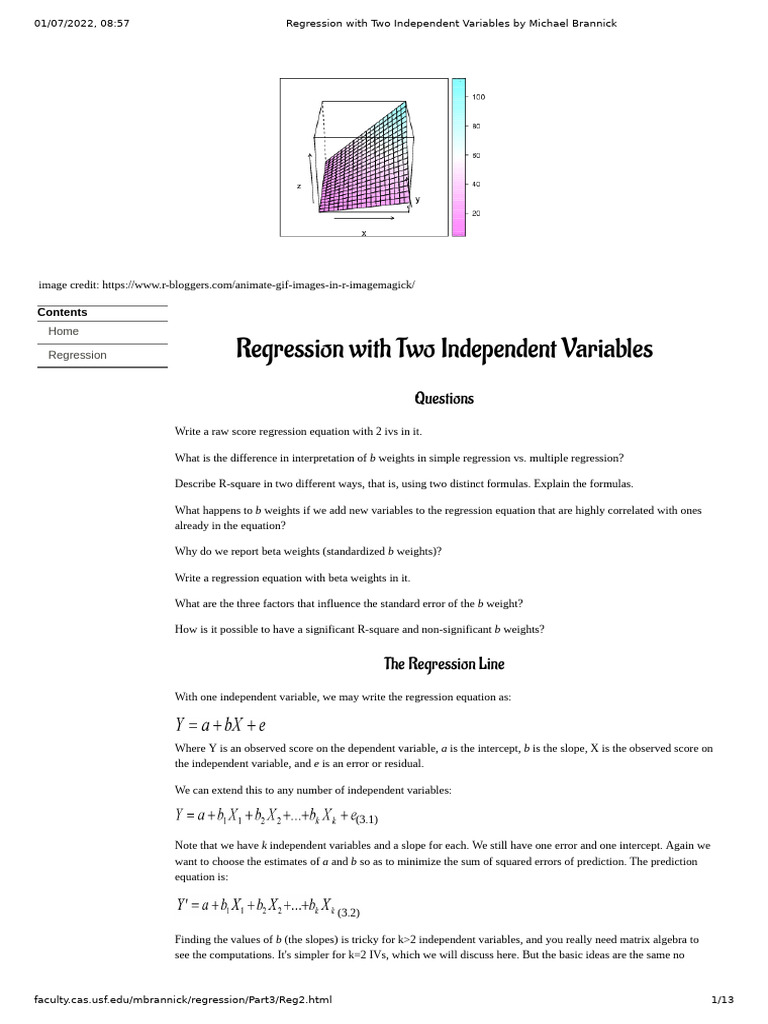 Regression With Two Independent Variables by Michael Brannick | PDF ...