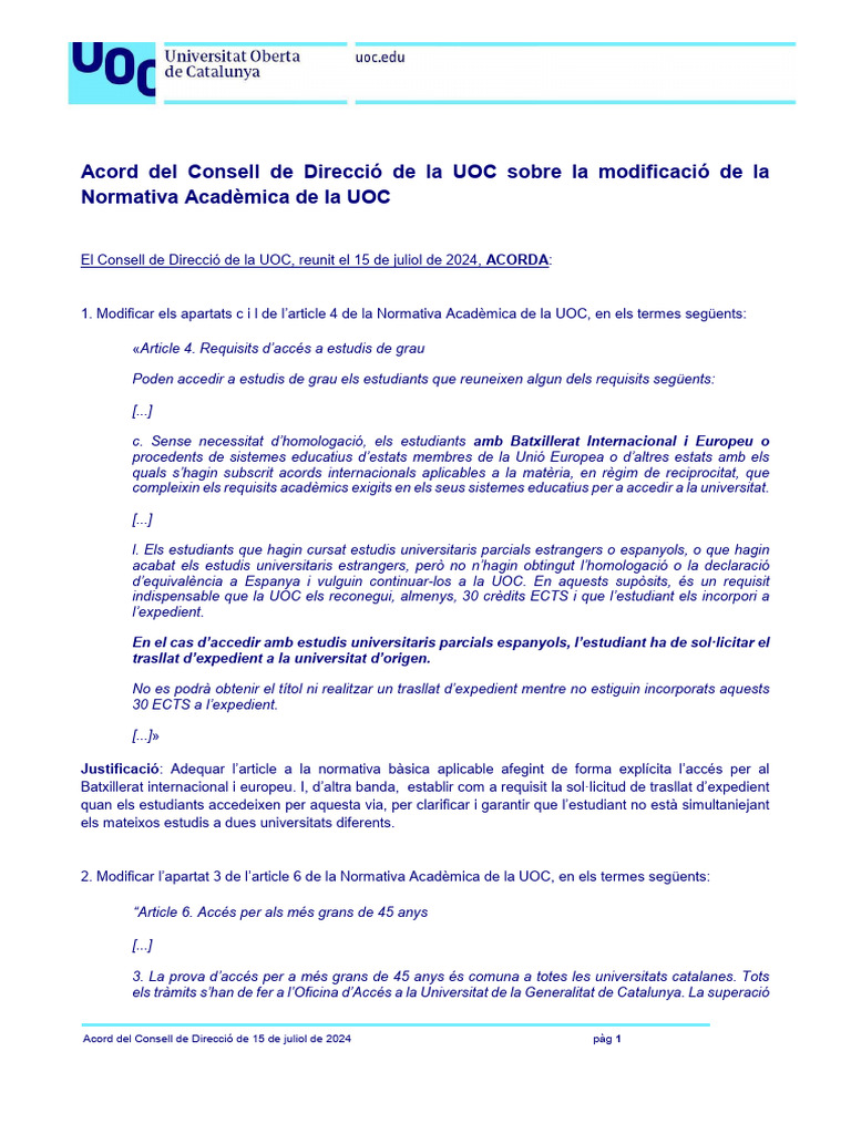 2024.2- Acord del CD de la UOC sobre la modificació Normativa Acadèmica de la UOC | PDF