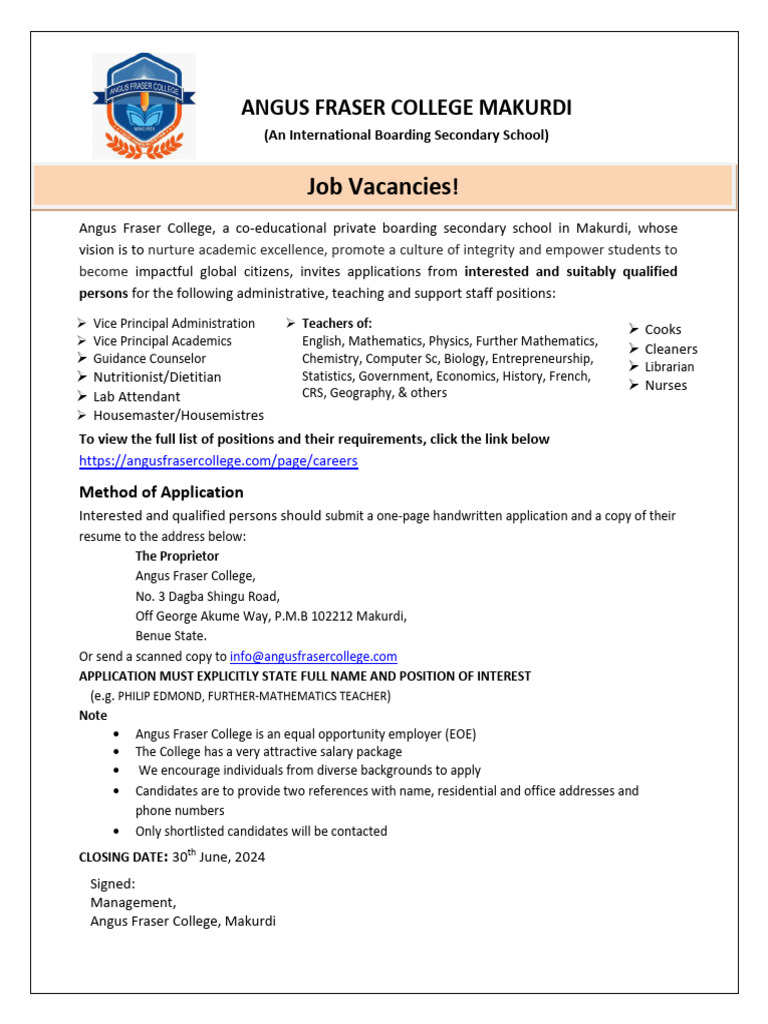 Job Openings at Angus Fraser College | PDF