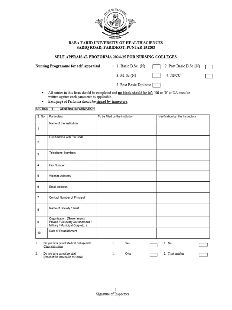 Self - Appraisal Proforma 2024-25 For Nursing Colleges2024 PDF | PDF | Hospital | Nursing