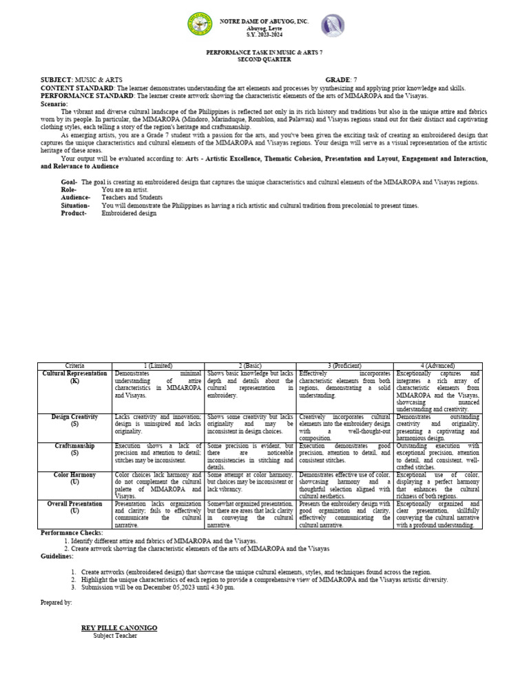 Performance Task Scenario ARTS 7 Q2 | PDF | Cognition | Learning