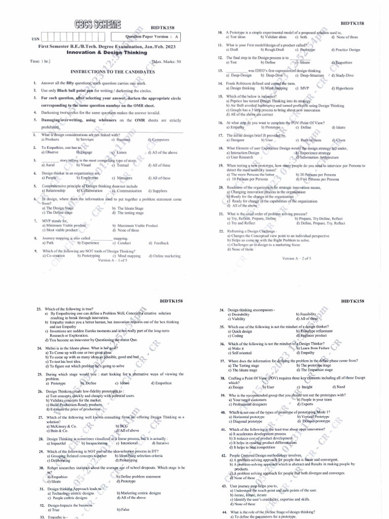VTU Question Paper of BIDTK158 Innovation and Design Thinking Jan-Feb ...