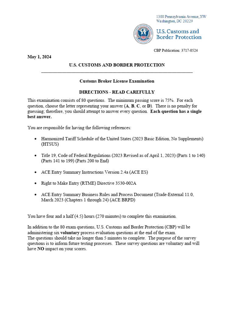 Customs Broker Exam Instructions 2024 | PDF | Customs | U.S. Customs ...