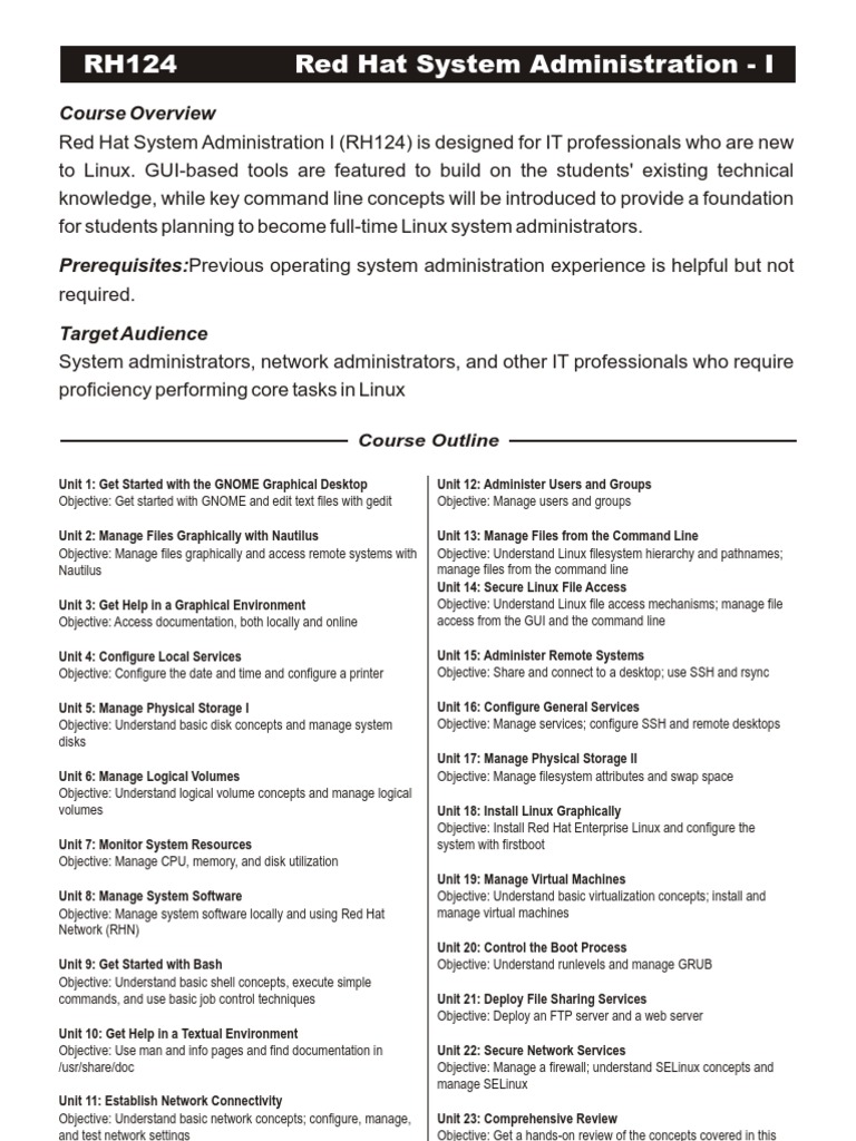 Red Hat System Administration I Rh124 Course Overview Pdf Linux