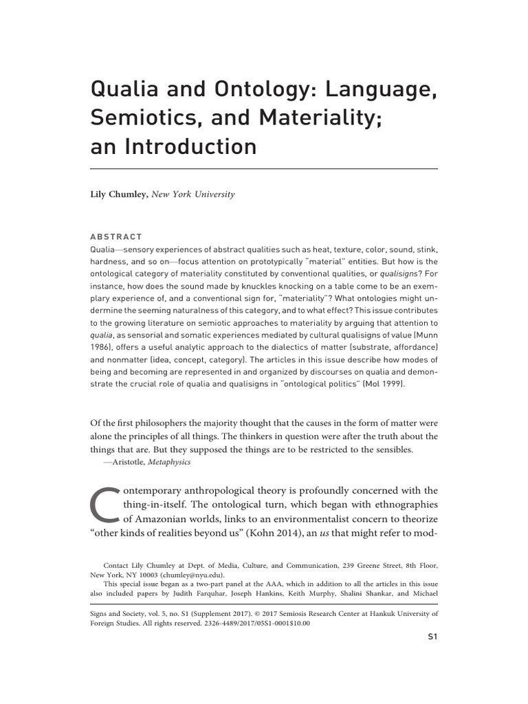 Chumley, L. (2017). Qualia and Ontology, Language, Semiotics, and Materiality; an Introduction ...