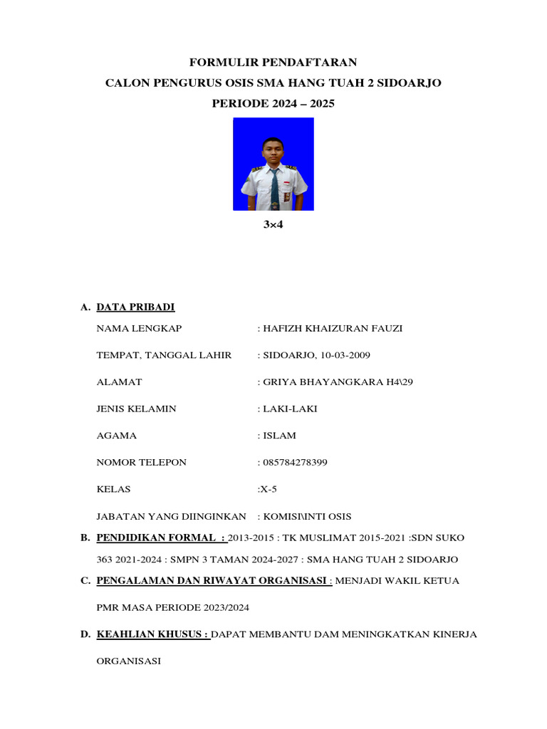 2 - CV Pendaftaran Calon Pengurus Osis Smahada 24-25 | PDF | Karier ...