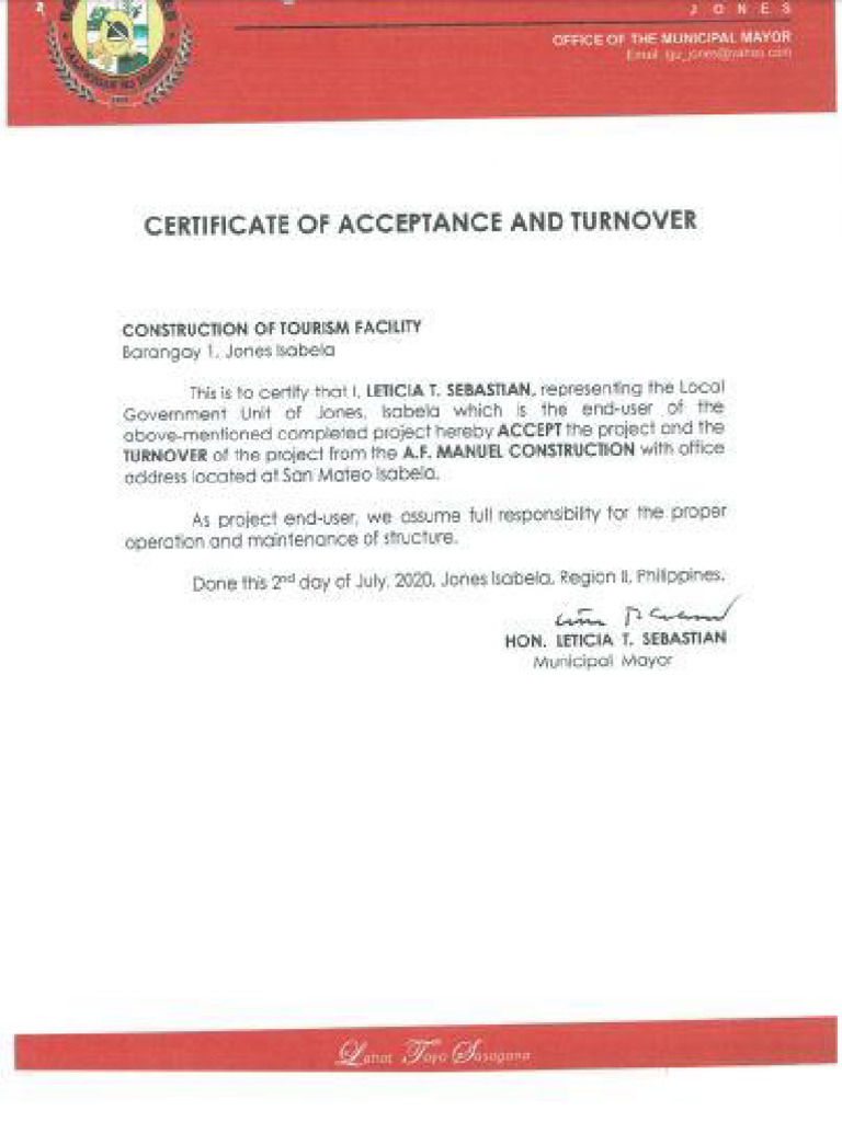 Construction of Tourism Facility Certificate of Acceptance Report | PDF