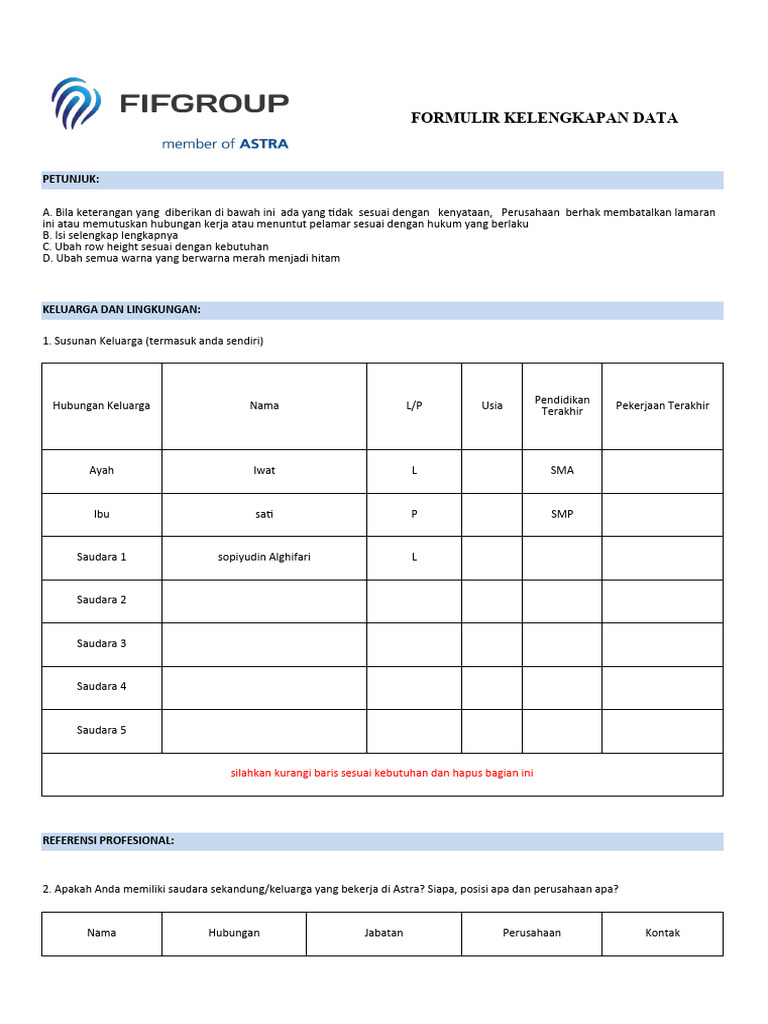 Formulir Data Keluarga dan Referensi | PDF