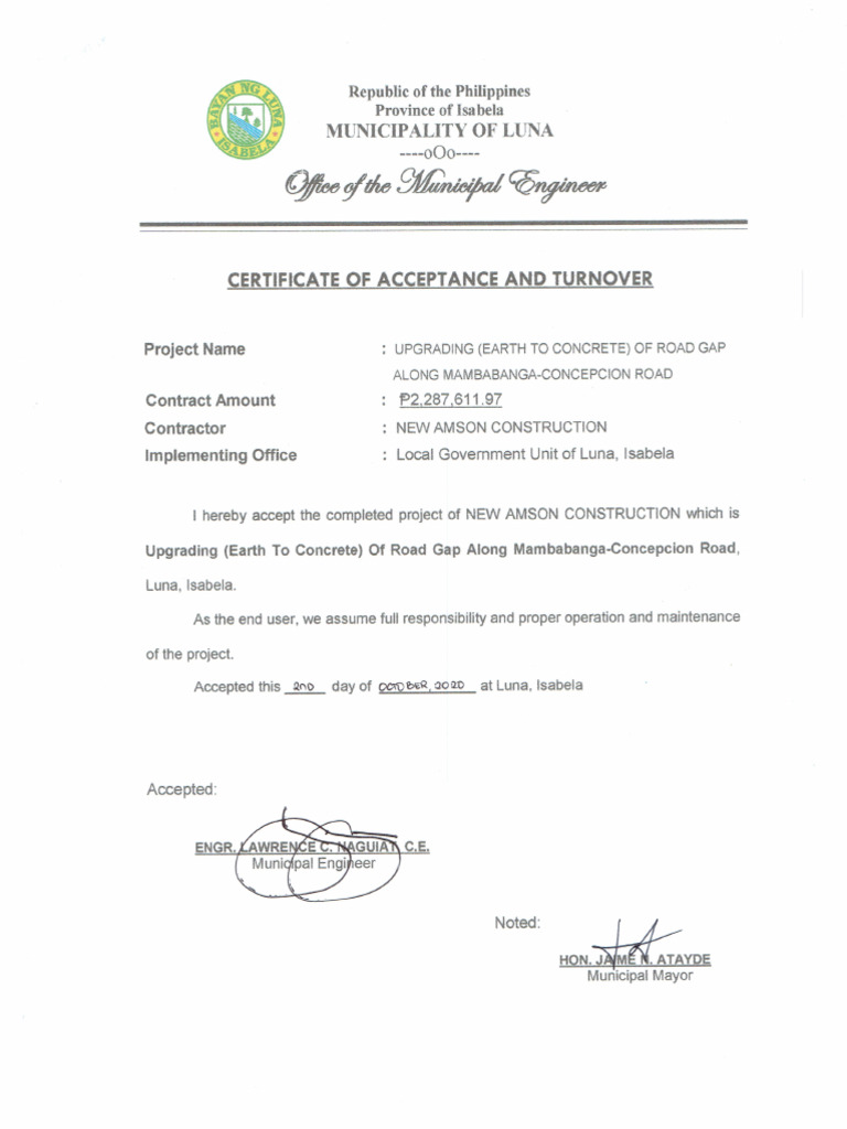 Upgrading of Road Gap Along Mambabanga-Concepcion Road Certificate of ...