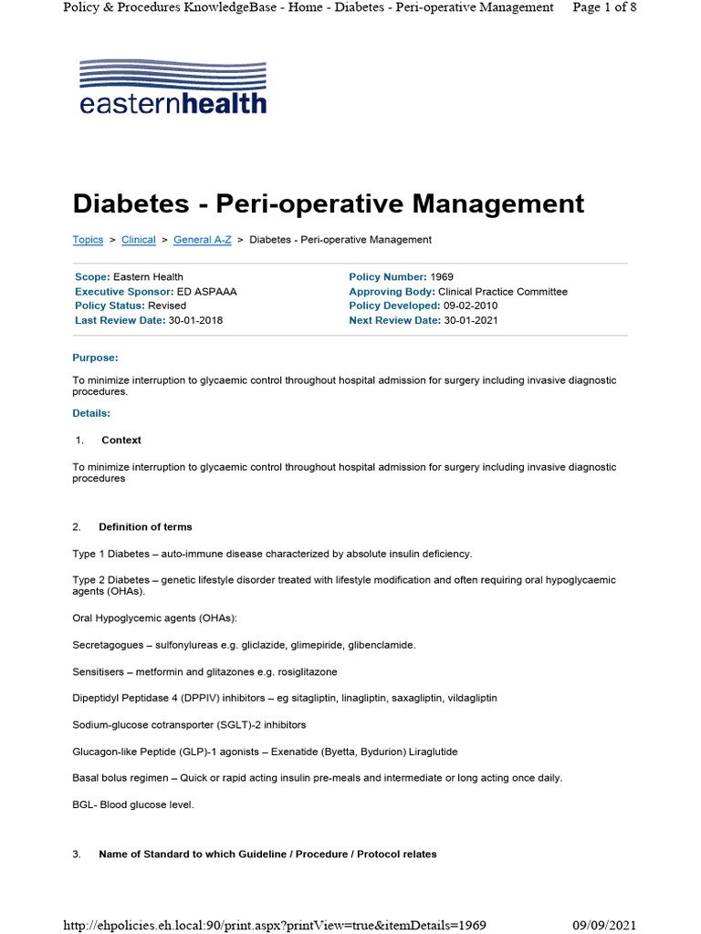 Peri-Operative Management of Diabetes (EH) | PDF | Hypoglycemia ...
