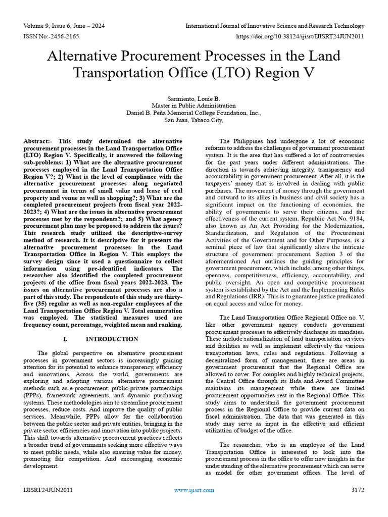 Alternative Procurement Processes in The Land Transportation Office (LTO) Region V | PDF ...