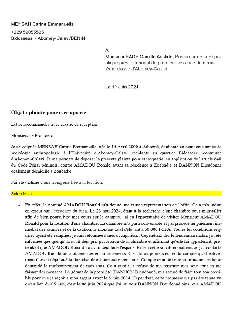 Plainte Escroquerie Avec Constitution Partie Civile | PDF