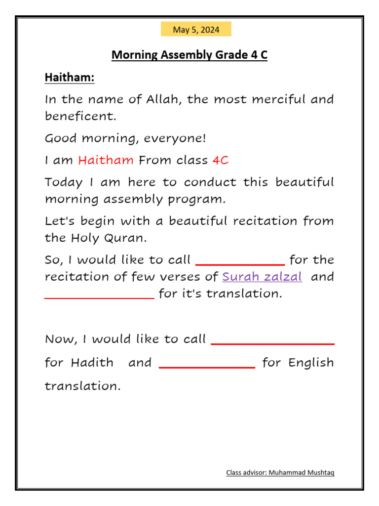 Grade 4C Morning Assembly Program | PDF