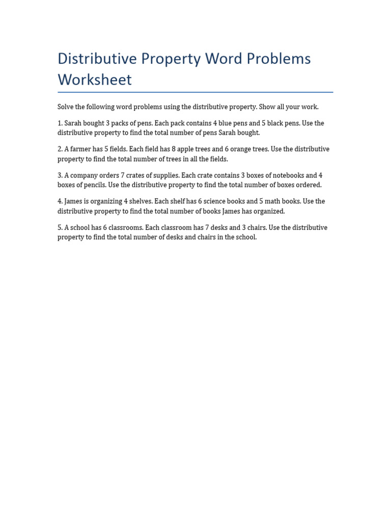 Distributive Property Word Problems Worksheet | PDF