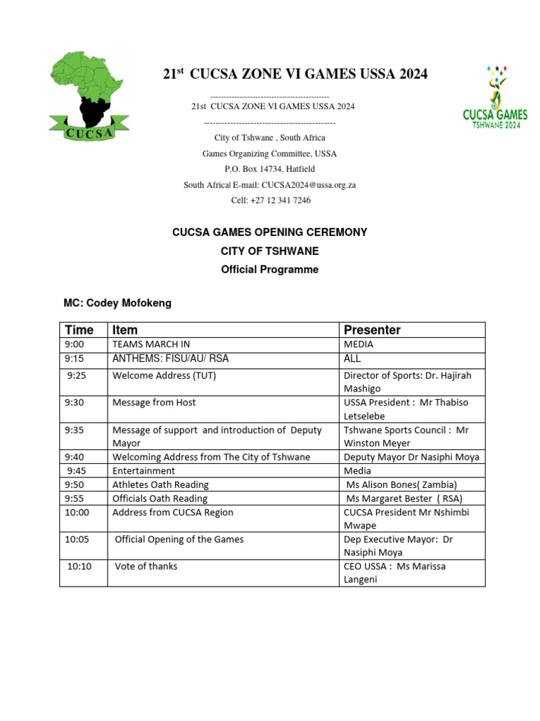 Cucsa Games Opening Ceremony Programme | PDF