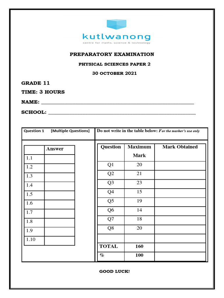 Grade 11 Physical Sciences Paper 2 Grade 30 Oct 2021 | PDF | Chemical ...