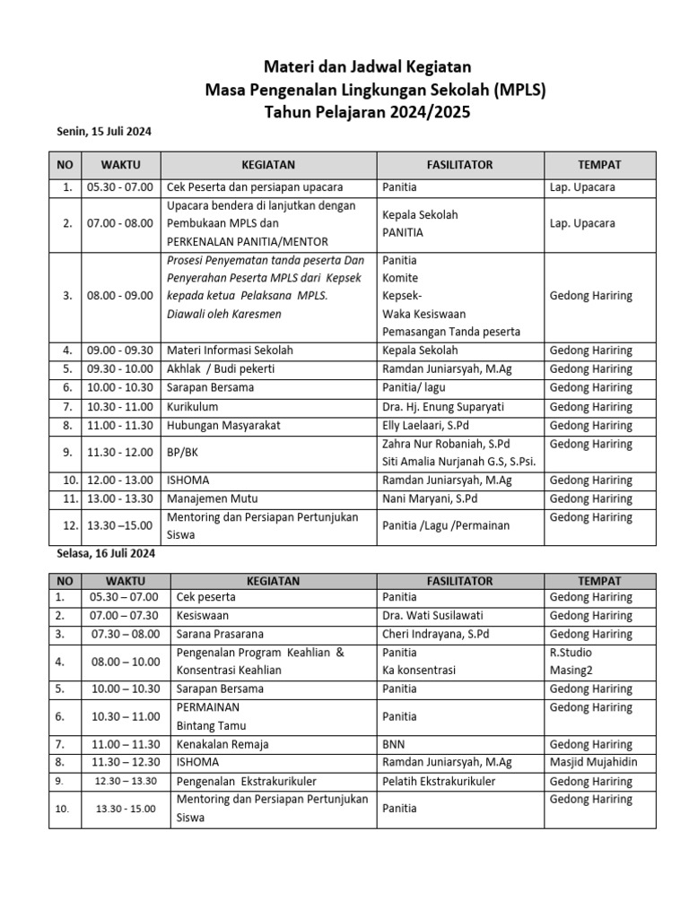 Materi Dan Jadwal Kegiatan Mpls 2024 | PDF