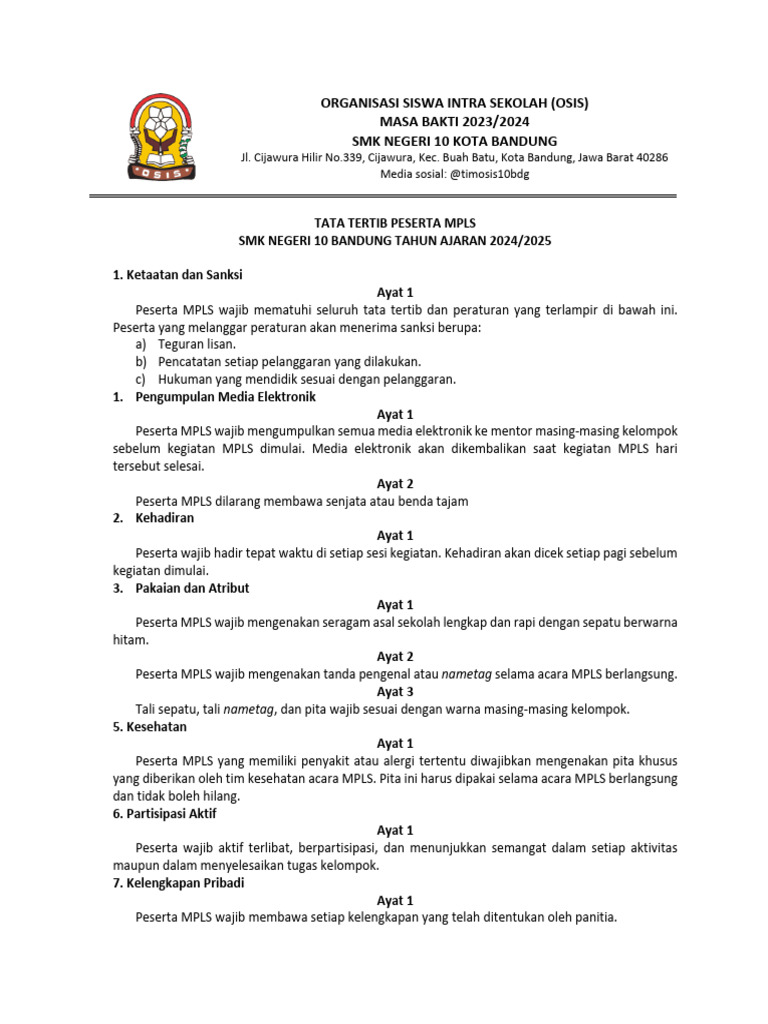 Tata Tertib Peserta MPLS SMK Negeri 10 Bandung 2024 | PDF