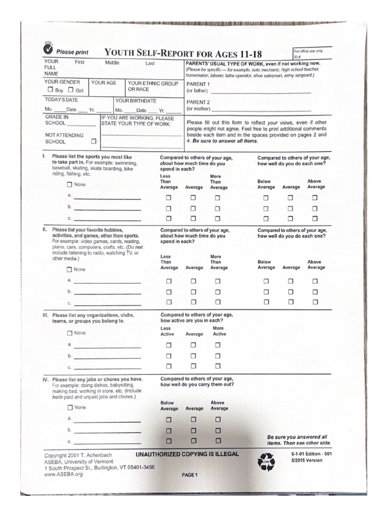 Youth Self-Report For Ages 11-18 - 231123 - 143902 | PDF
