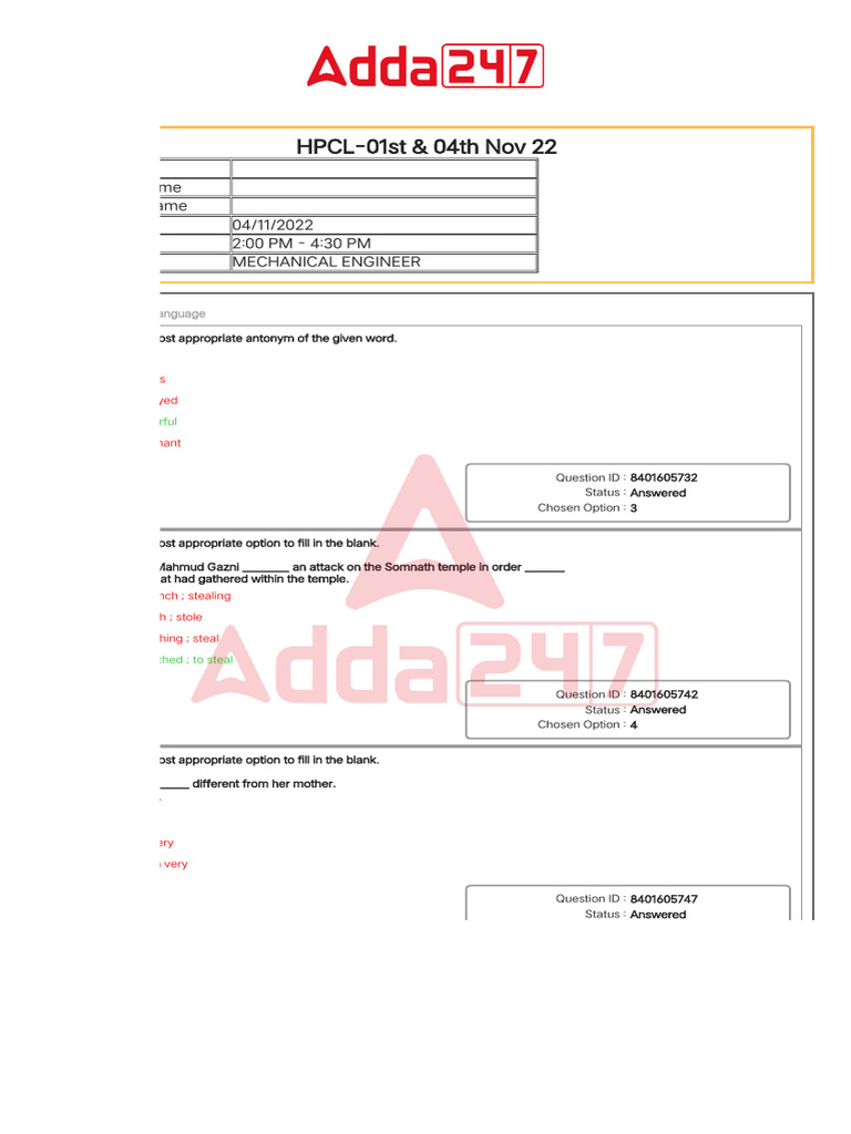 HPCL Mechanical Engineer 04 Nov 2022 Shift 2 | PDF