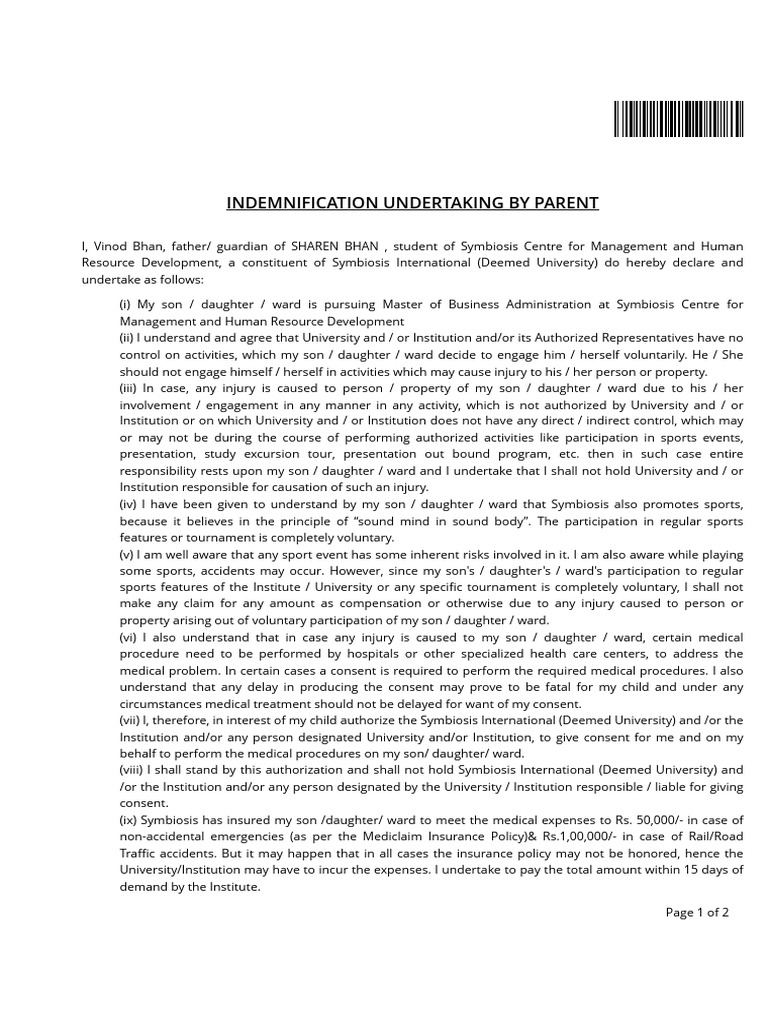 Indemnification by Parents | PDF | Consent | Insurance