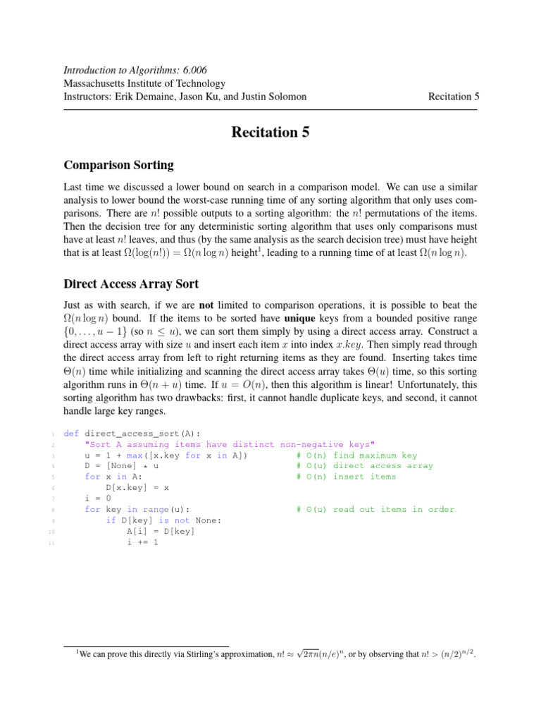 Recitation 5: Comparison Sorting | PDF | Arithmetic | Computer Programming