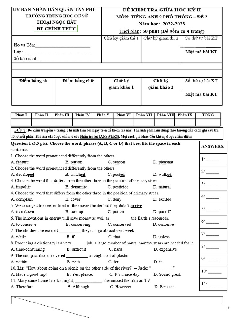 TNH - KTĐKGHK2 - Đề - TA9 - Đề 2 - NH2223 | PDF | Renewable Energy | Energy Development