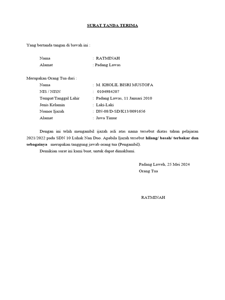 Surat Tanda Terima Ijazah SD | PDF