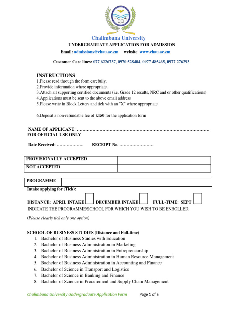 2024 Chalimbana University Undergraduate Application Form Latest | PDF ...