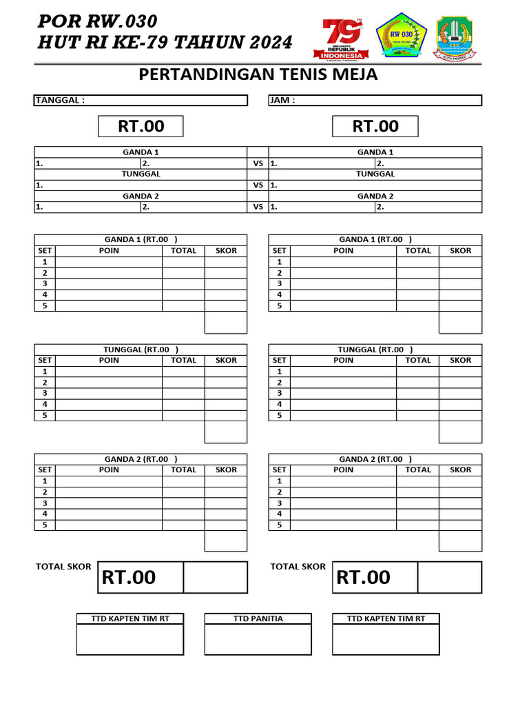 Score Sheet Tenis Meja POR RW030 HUT RI-79 2024 | PDF