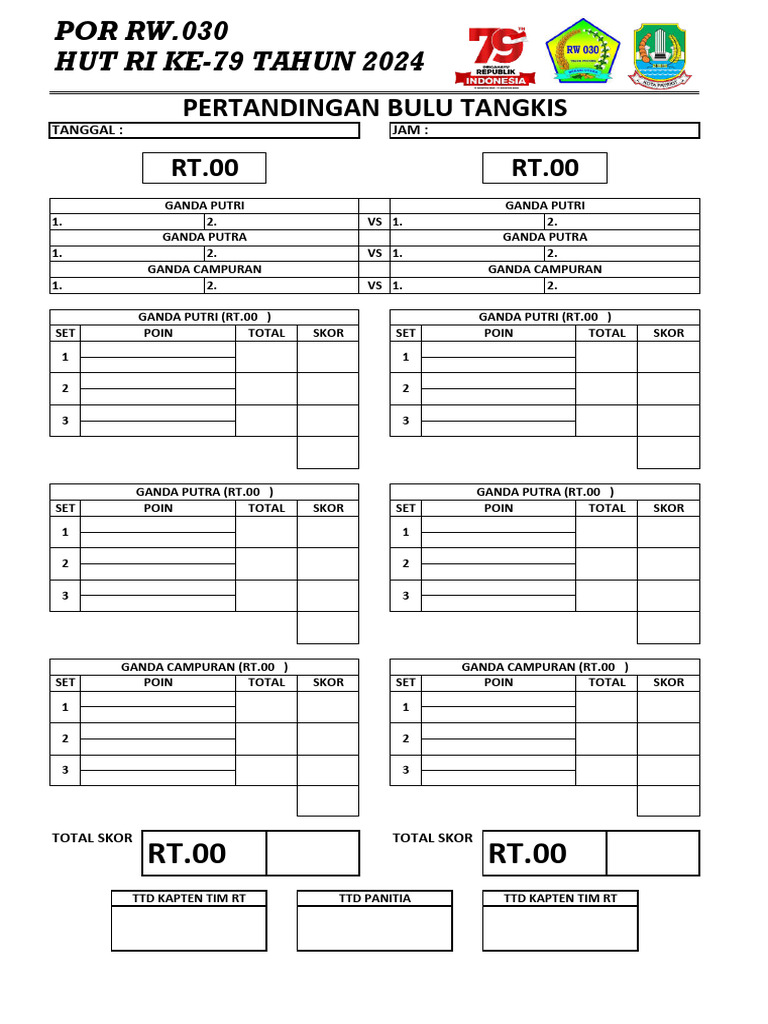 Score Sheet Bulu Tangkis POR RW030 HUT RI-79 2024 | PDF