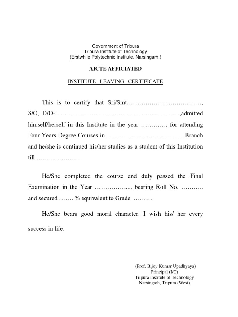 Blank Institute Leaving Deg Dip and Character Certificate | PDF