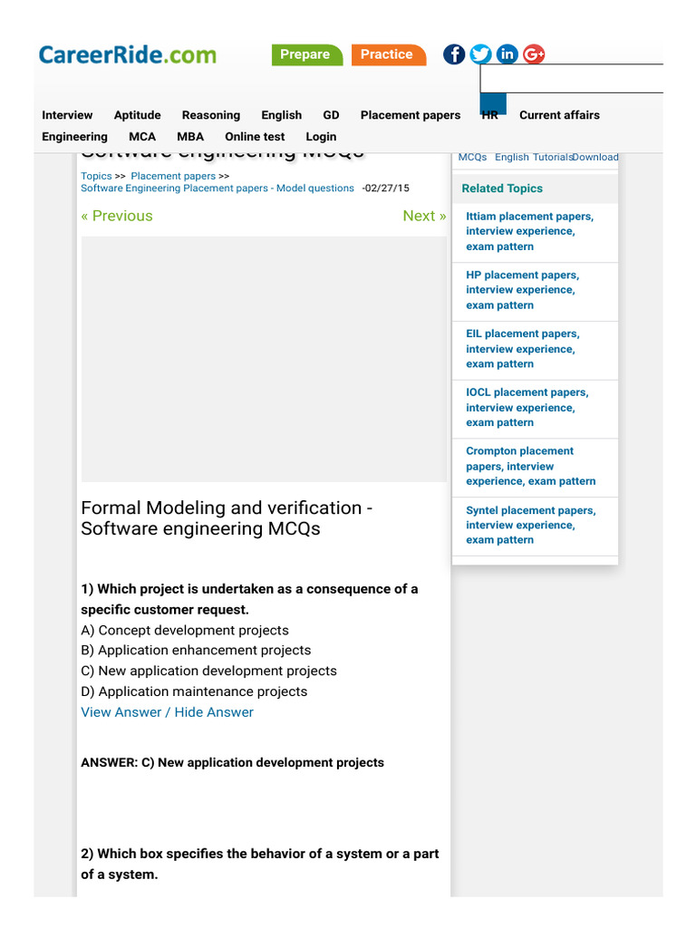 Formal Modeling and Verification - Software Engineering MCQs - 1614773279443 | PDF | Multiple ...