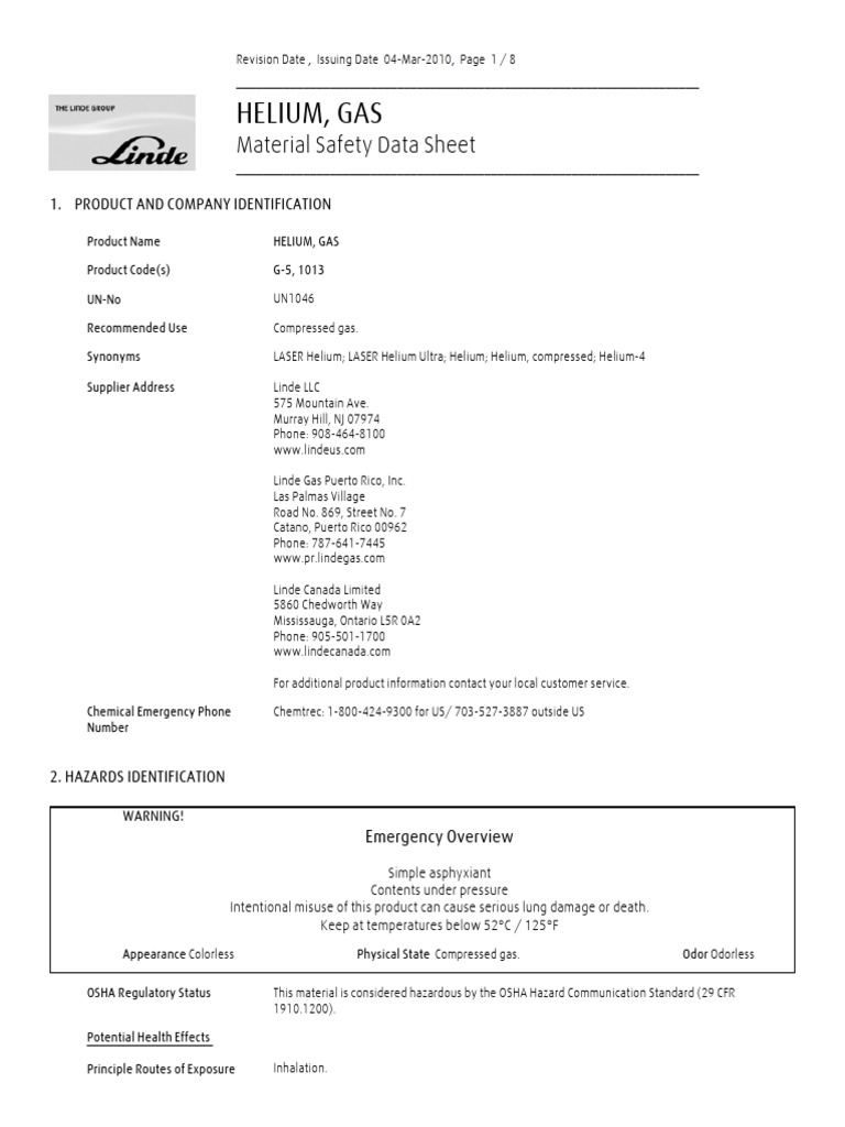 Helium, Linde | PDF | Personal Protective Equipment | Helium