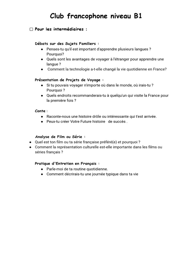 B1 Level French Speaking Club | PDF