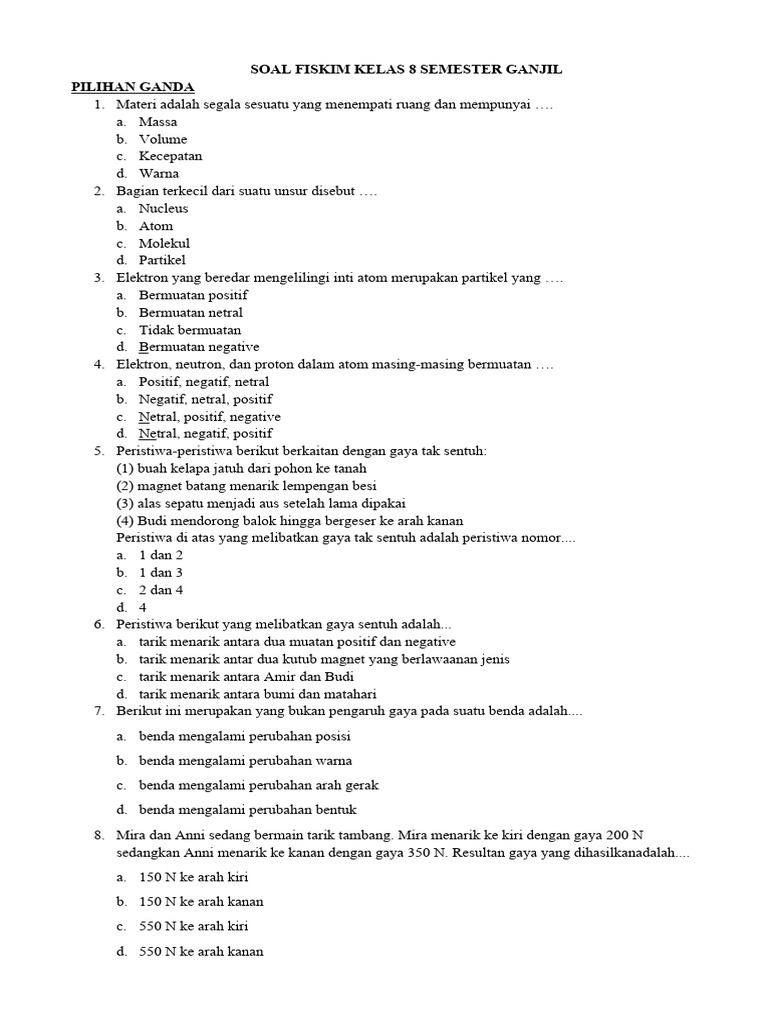Soal Fiskim Kelas 8 Semester 1 | PDF | Sains & Matematika | Dewasa Muda