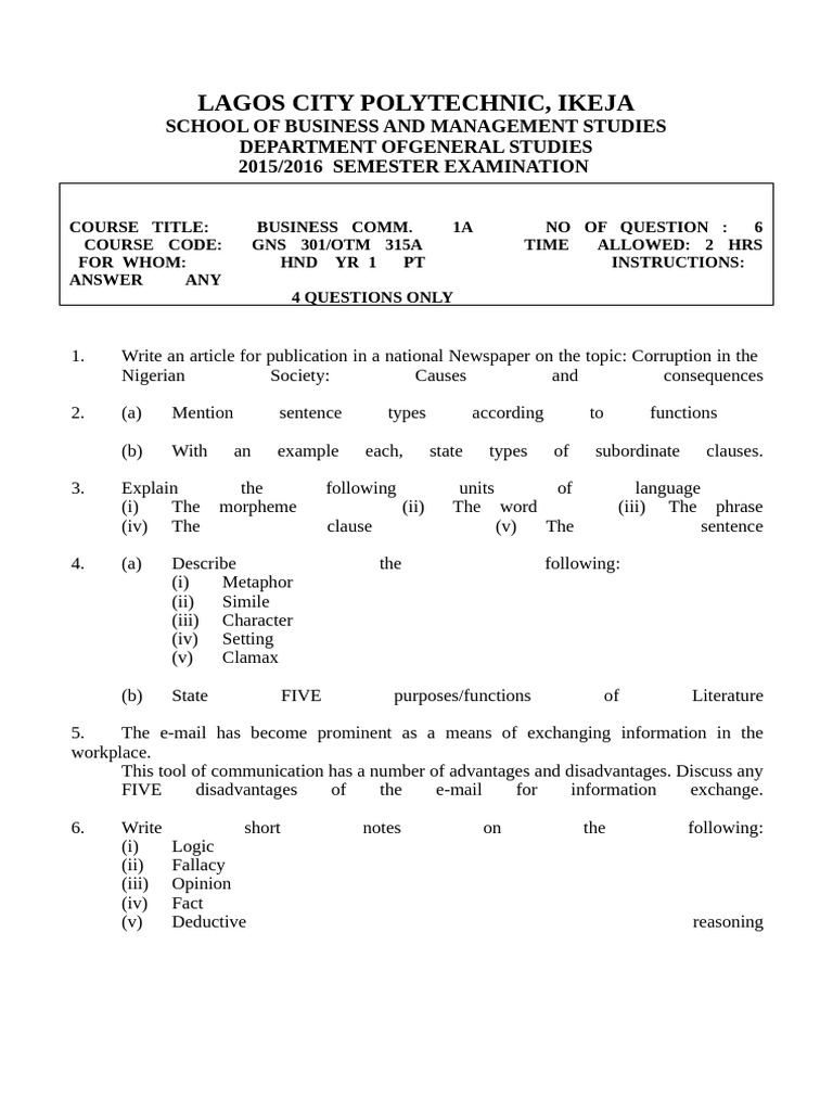 GNS 301..... Otm 315a HND Yr I PT Business Comm 1a | PDF