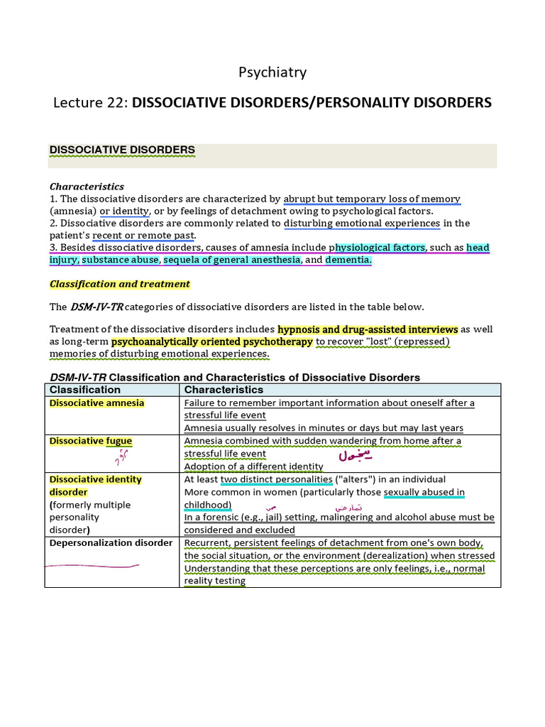 Lecture 22 DISSOCIATIVE | PDF | Dissociation (Psychology) | Personality ...