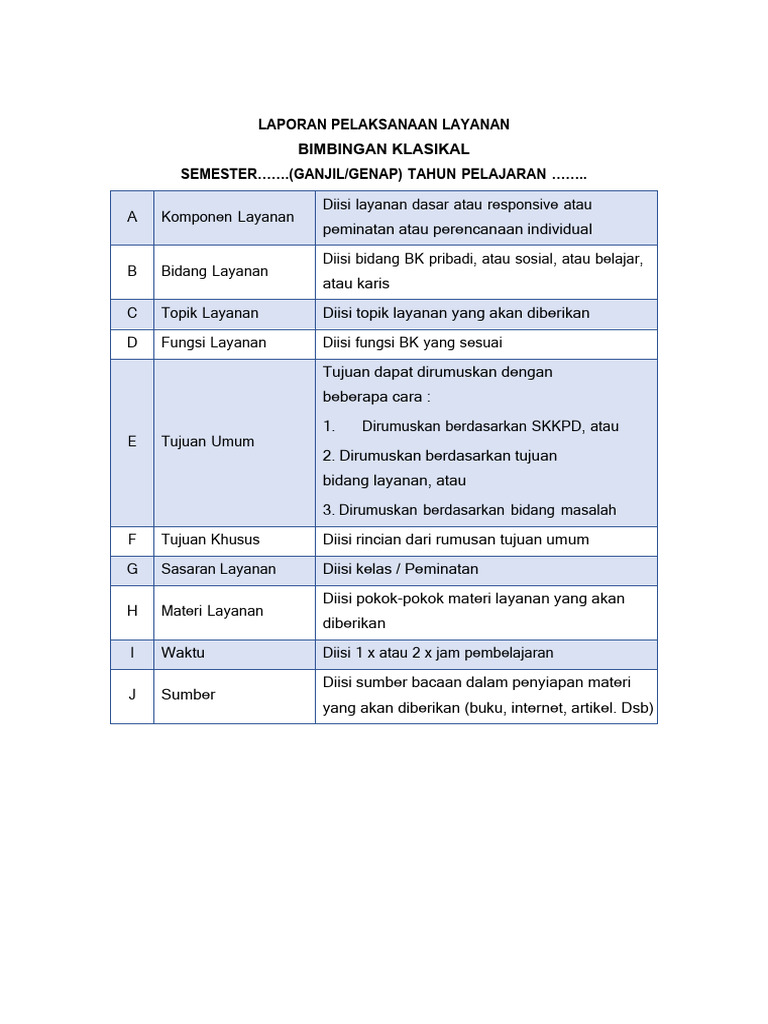 Contoh Format Rencana Pelaksanaan Layanan Bimbingan Klasikal | PDF