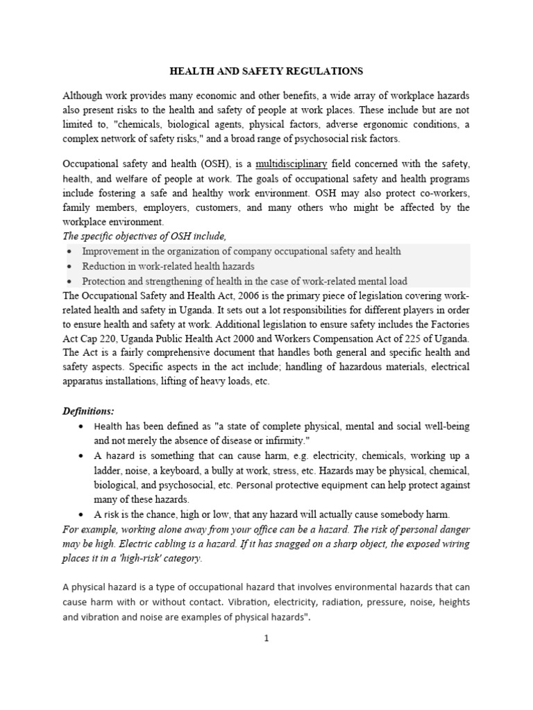 1. Health and Safety Regulations | PDF | Occupational Safety And Health ...