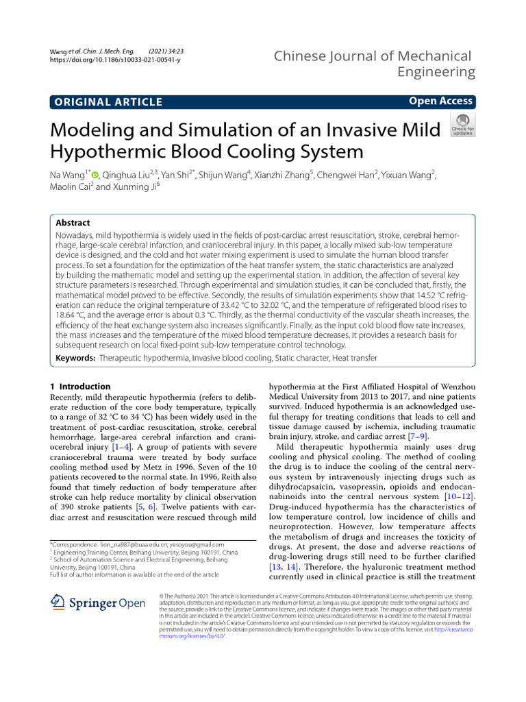 Modeling and Simulation of an Invasive Mild Hypothermic Blood Cooling System | PDF | Hypothermia ...