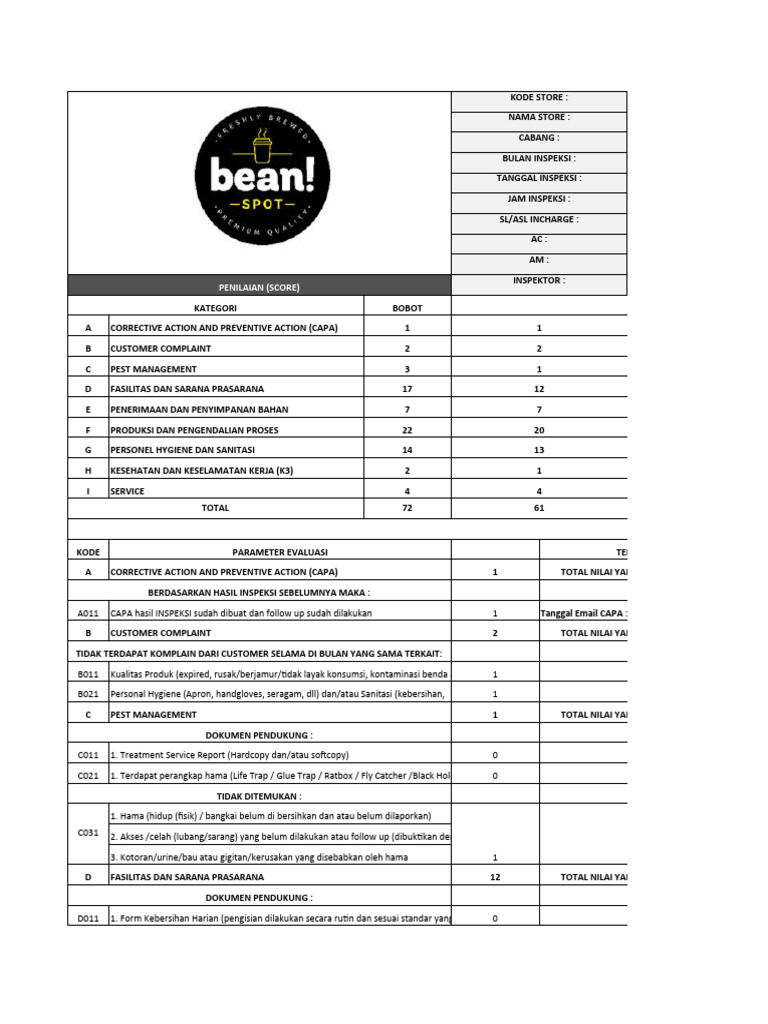 Standar Inspeksi Minimum Beanspot | PDF